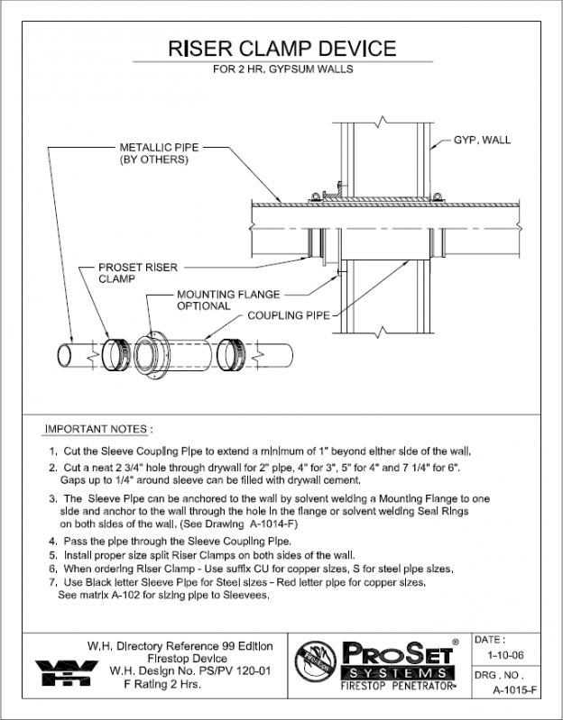 » A-1015-F ~ Riser Clamp Device for Gypsum WallsProVent Penetration Systems